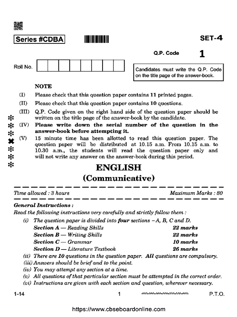 Cbse Class 10 English Communicative Cdba Set 4 2024 | PDF