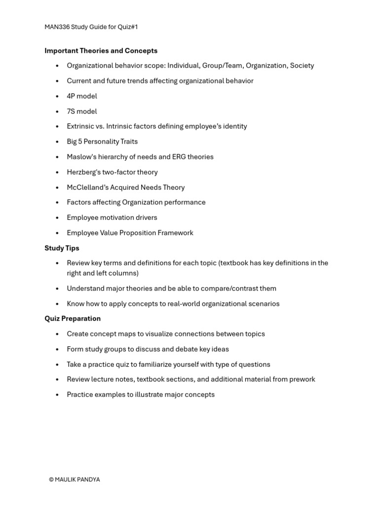 MAN 336 Quiz#1 Study Guide | PDF