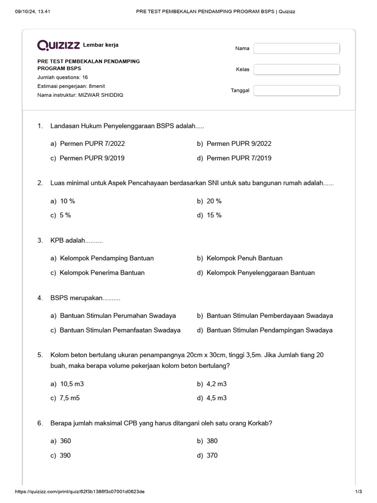 PRE TEST PEMBEKALAN PENDAMPING PROGRAM BSPS - Quizizz | PDF