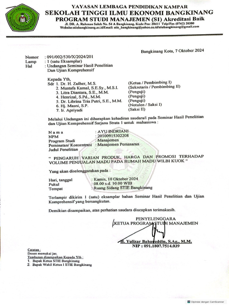 Undangan Semhas & Ujian Kompre An. Ayu I | PDF