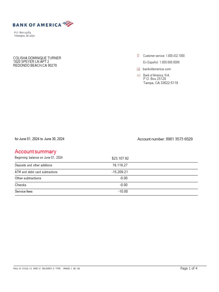 Bank of America Account Statement Summary | PDF | Banks | Debit Card