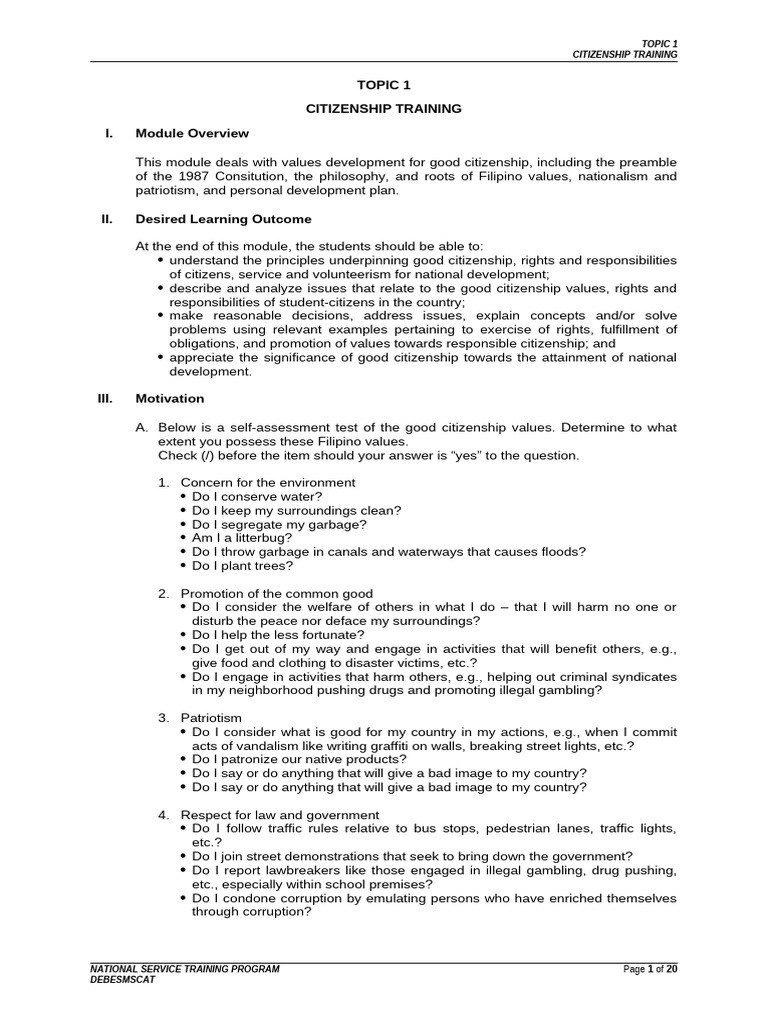 NSTP Common Module Topic 1 Citizenship Training | PDF | Social Science ...