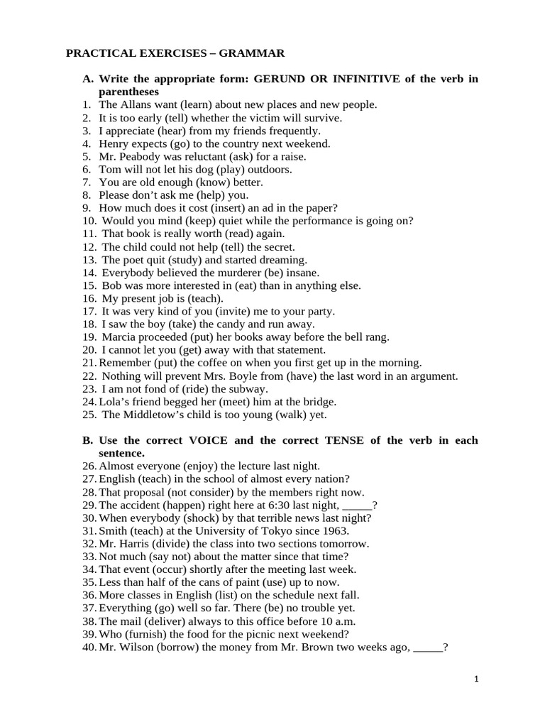 Grammar Exercises - Gerunds - Infinitives | PDF