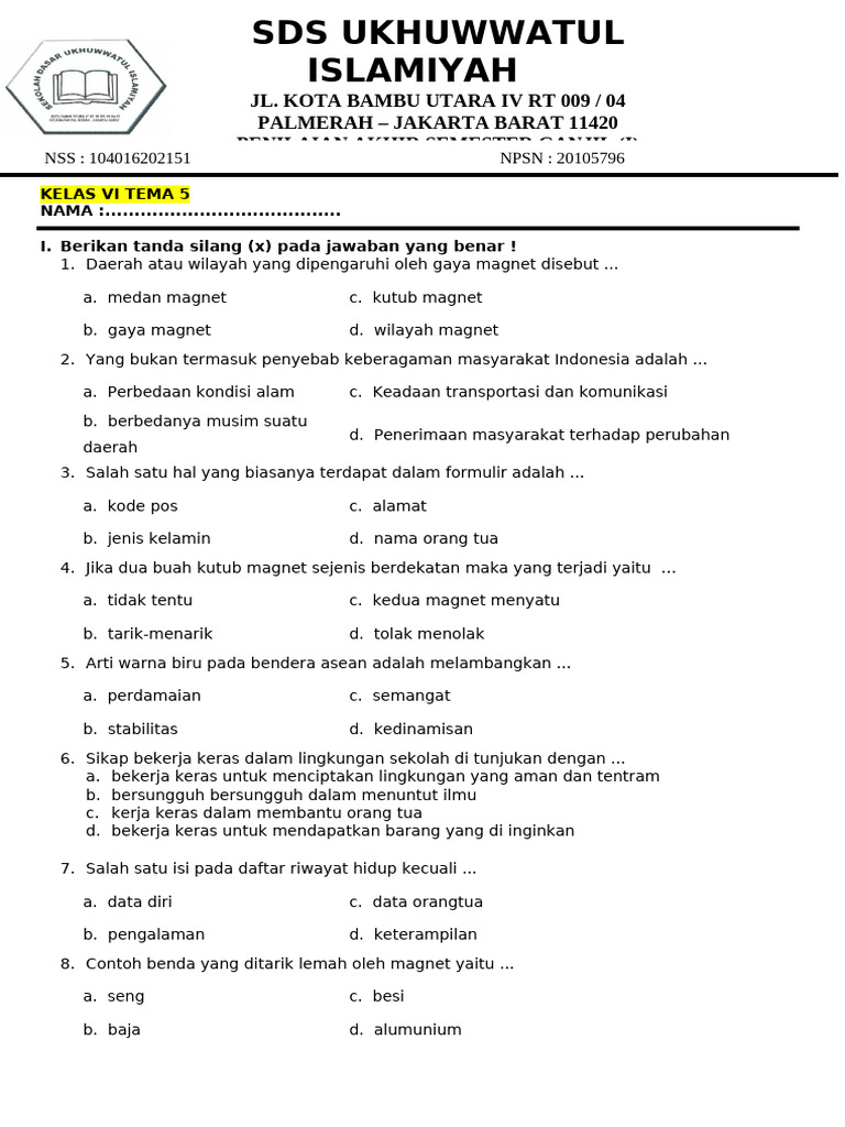 Soal PAS Kelas 6 Sem 1 Tema 5 - Kamimadrasah | PDF