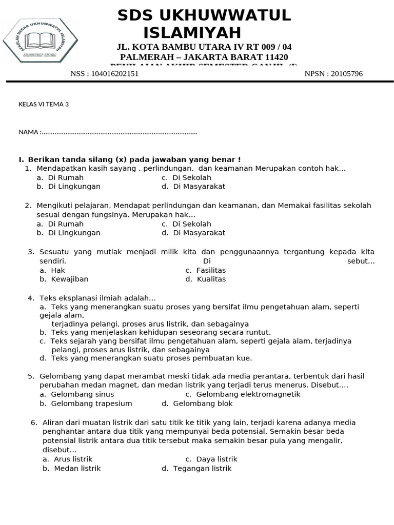 Soal PAS Kelas 6 Sem 1 Tema 3 - Kamimadrasah | PDF