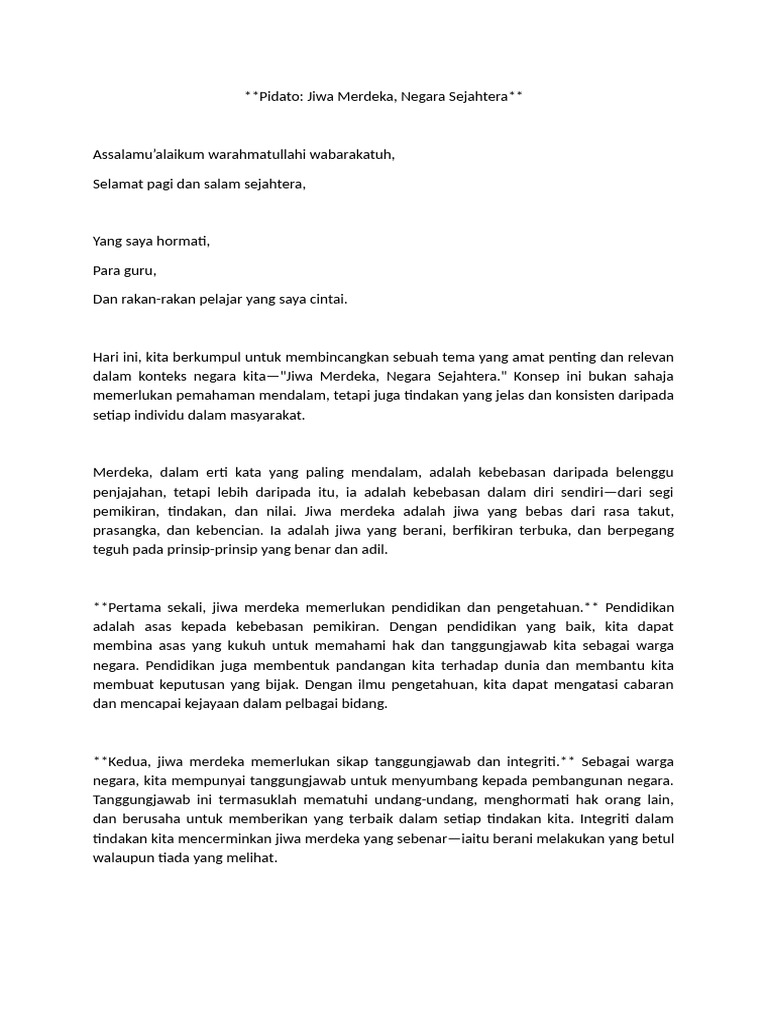 Pidato Singkat: Jiwa Merdeka dan Sejahtera | PDF | Politik | Ilmu Sosial