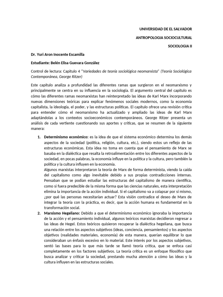 Resumen Capitulo 4 "Variedades de Teoría Sociológica Neomarxista" (Teoría Sociológica ...