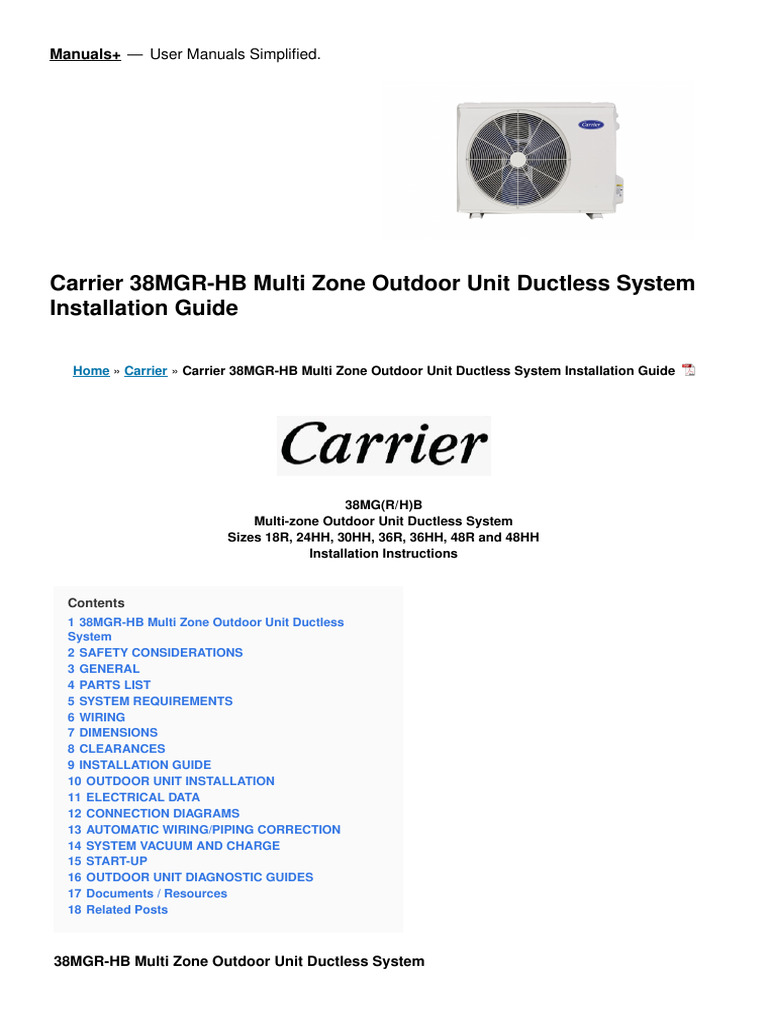 38mgr HB Multi Zone Outdoor Unit Ductless System Manual | PDF