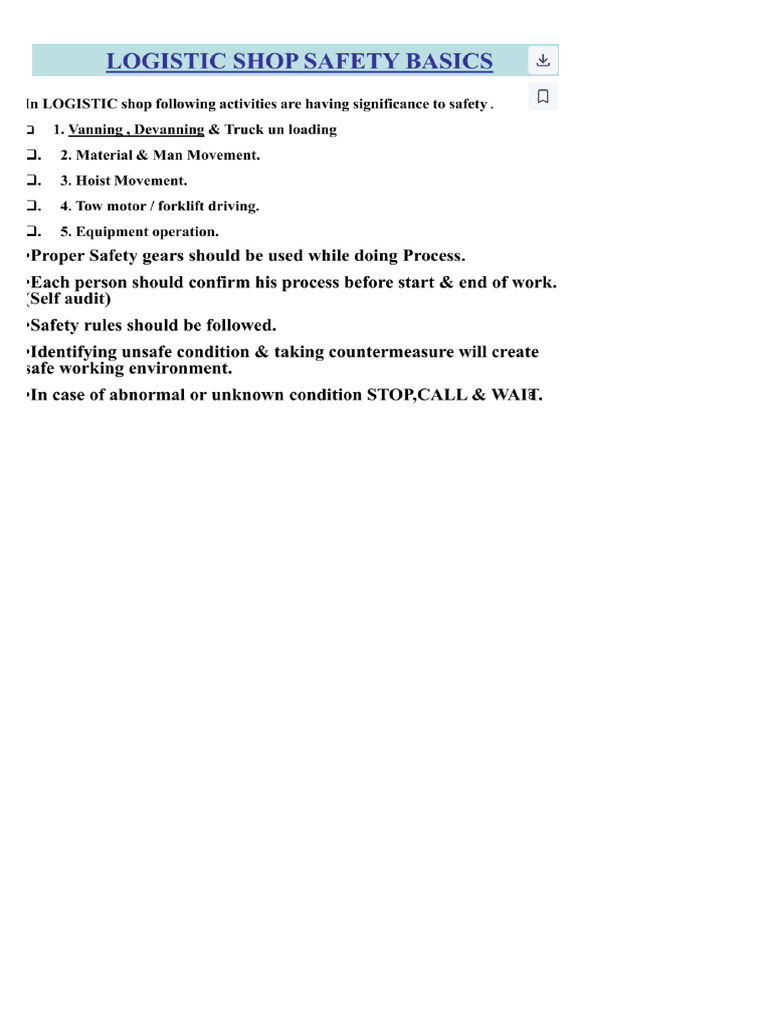 Logistic Shop Safety Basics | PDF