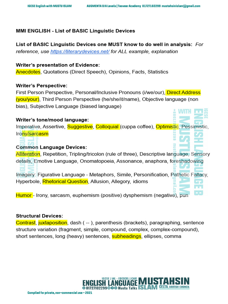 Language Analysis Literary Techniques Sheet | PDF