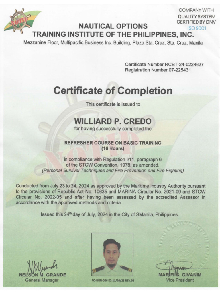 Basic Safety Resfresher Certificate | PDF