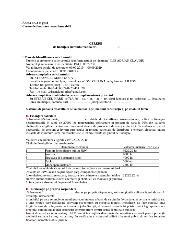 FORMULAR Anexa 3 Fotovoltaice 2021 | PDF