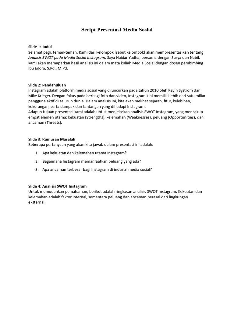 Script Presentasi Media Sosial | PDF