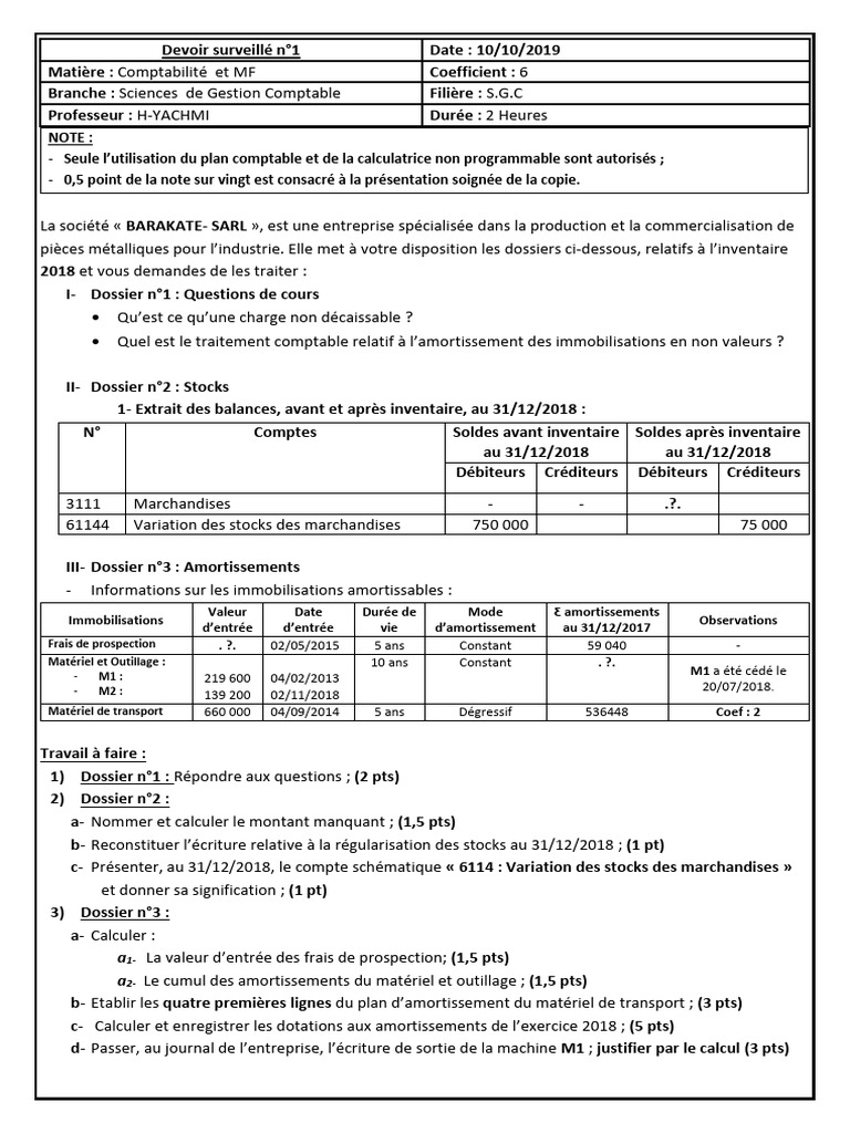 Devoir 1 Modele 1 Comptabilite 2 Bac SGC Semestre 1 | PDF