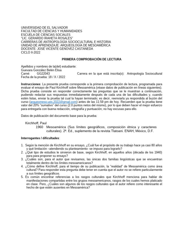 Primera Comprobación de Lectura | PDF