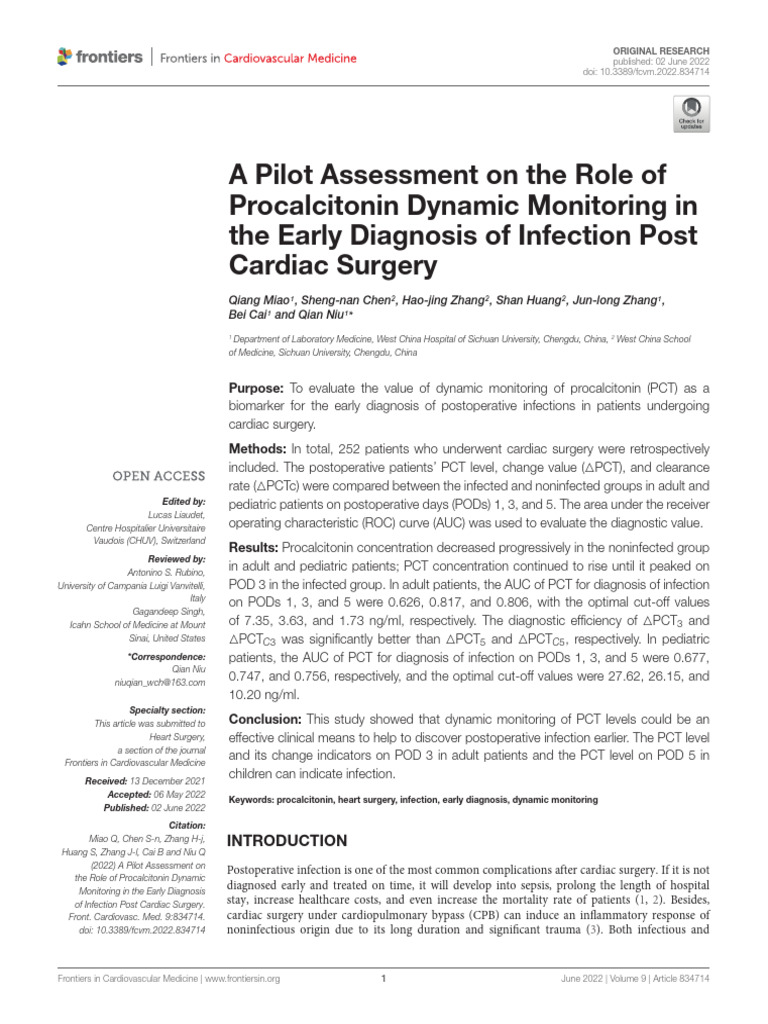 A Pilot Assessment On The Role of Procalcitonin Dynamic Monitoring in The Early Diagnosis of ...