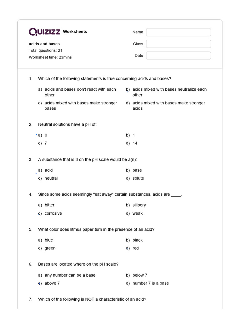 Acids and Bases Worksheet with 21 Questions | PDF | Acid | Taste