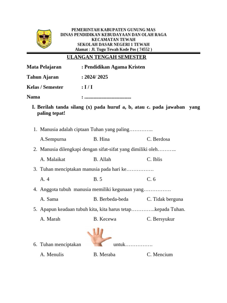 Soal Uts Agama Kristen Kelas 1 Kumer | PDF