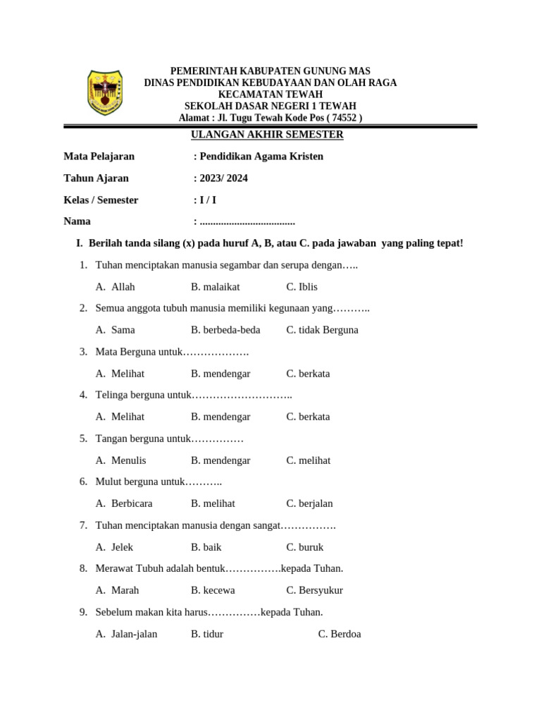 Soal Uas Sem 1 Kls 1 | PDF