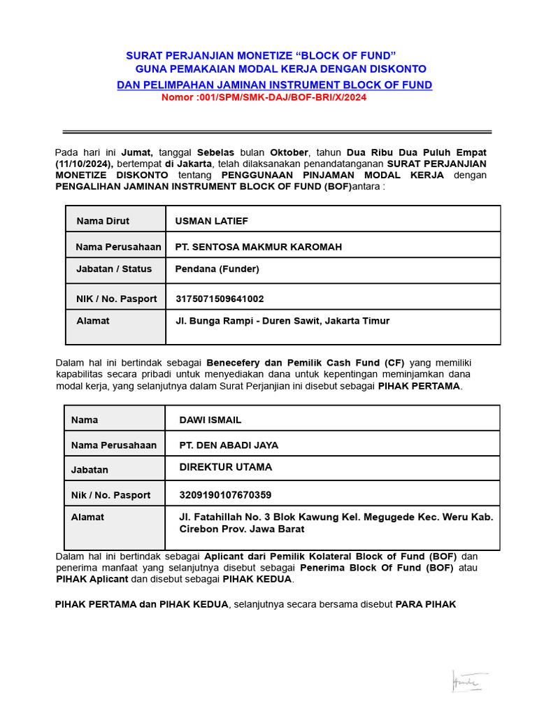 Surat Perjanjian Monetize "Block of Fund" Guna Pemakaian Modal Kerja Dengan Diskonto Dan ...