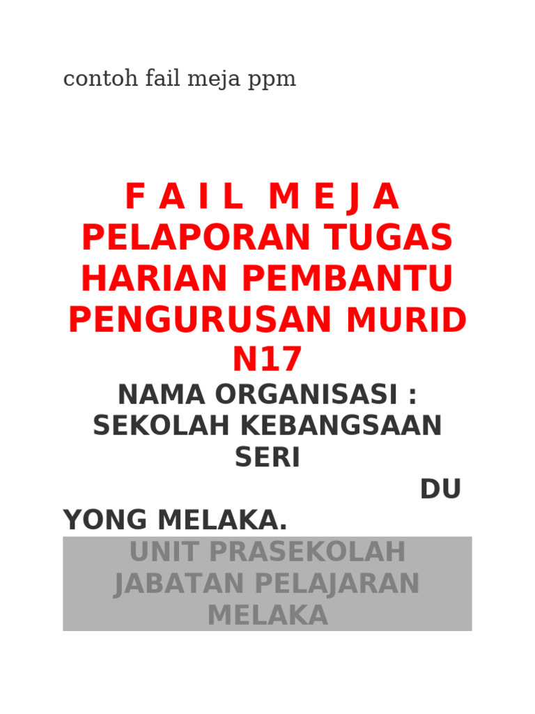 Contoh Fail Meja PPM Pra Sekolah | PDF