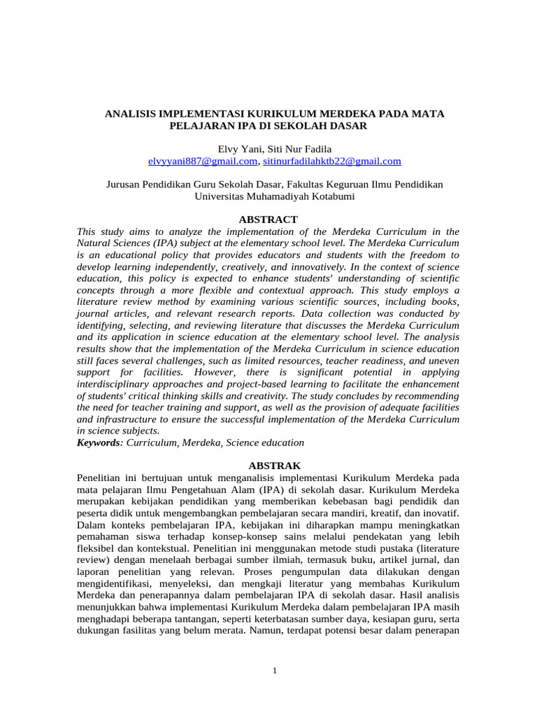 Jurnal Analisis Implementasi Kurikulum Merdeka Pada Mata Pelajaran Ipa ...
