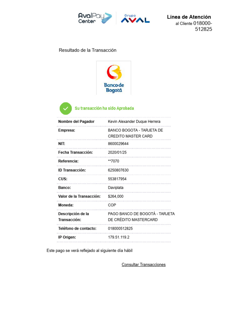 Pasarela de Pagos Aval - Resultados | PDF