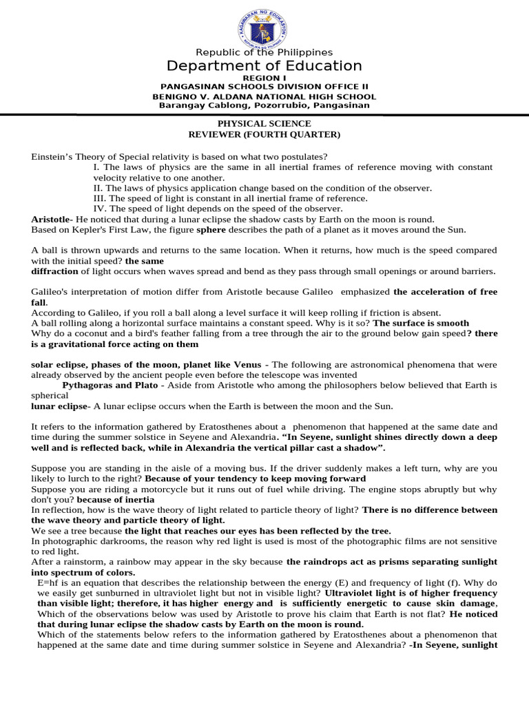 Physical Science Fourth Quarter Reviewer | PDF | Light | Speed Of Light