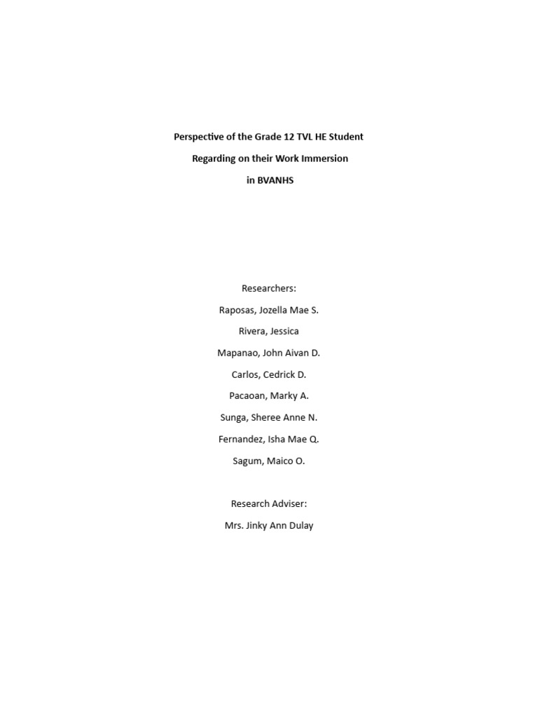 Grade 12 TVL HE Students' Work Immersion Insights | PDF | Experience ...