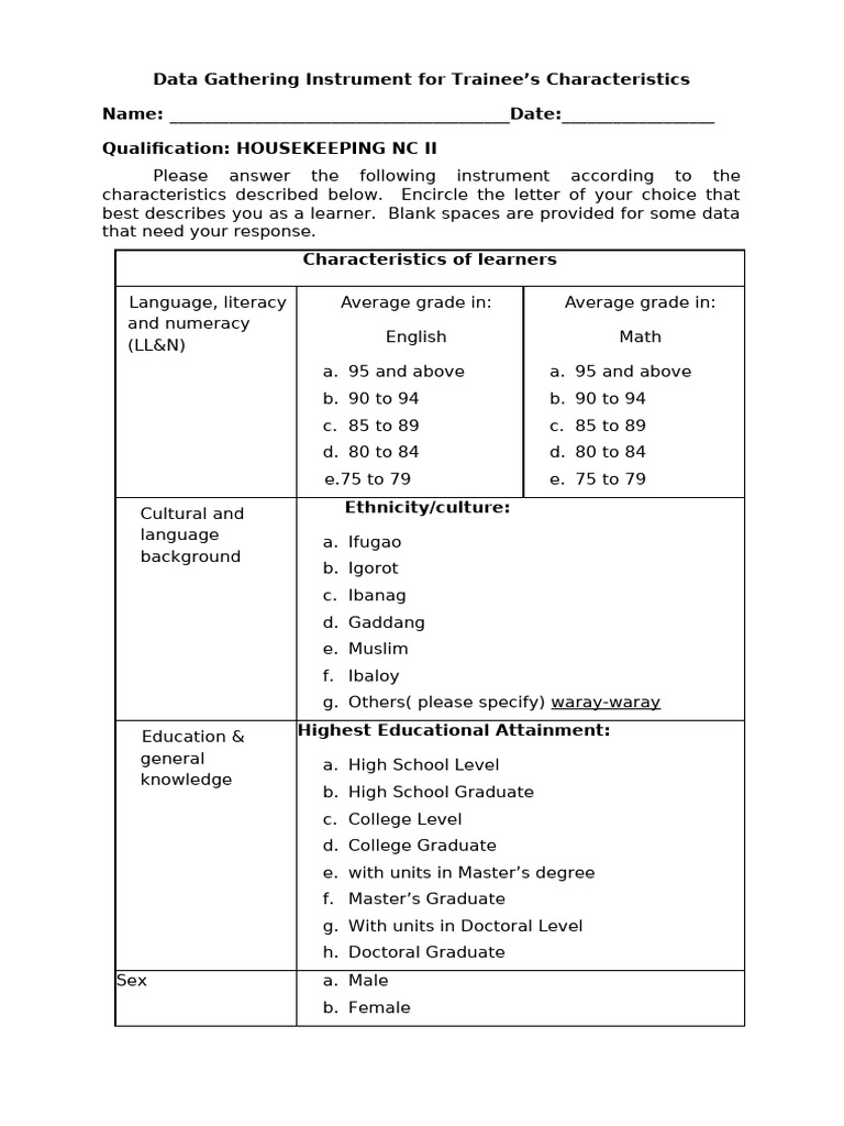 Data Gathering Instrument for Trainee | PDF Data Gathering Instrument for Trainee | PDF