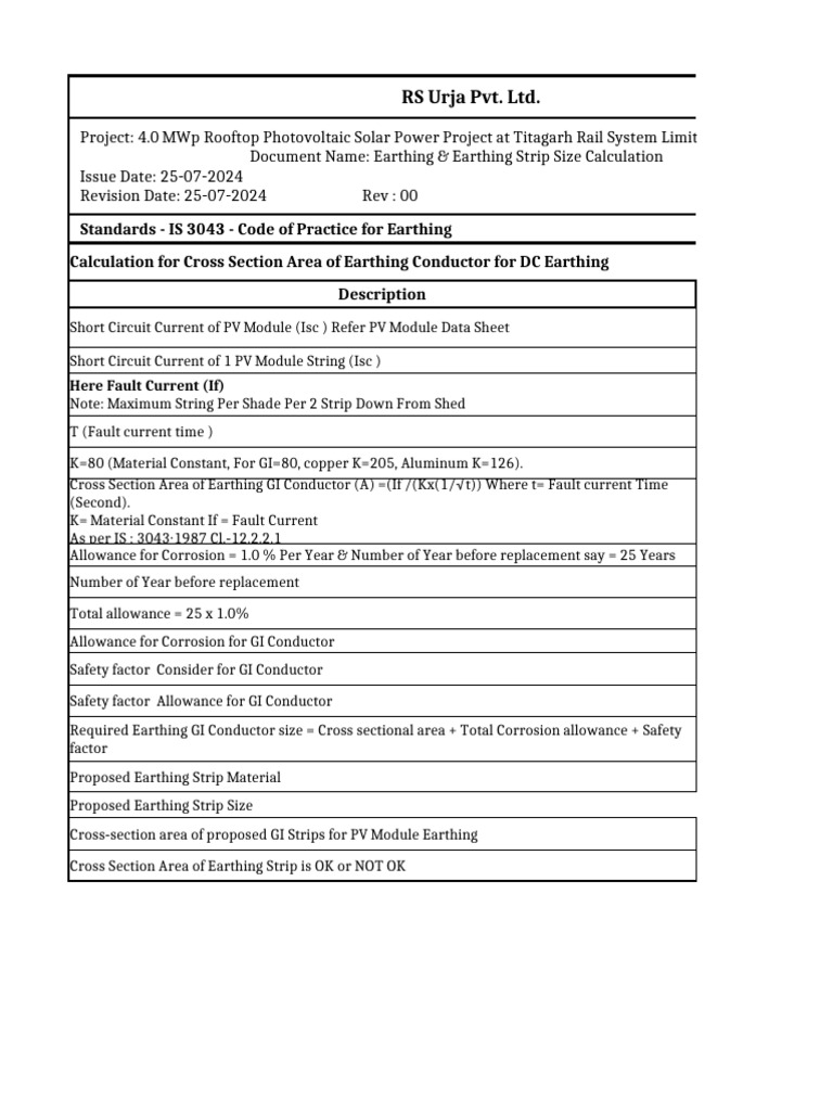 Earthing Stripe Calculation For DC Earthing | PDF