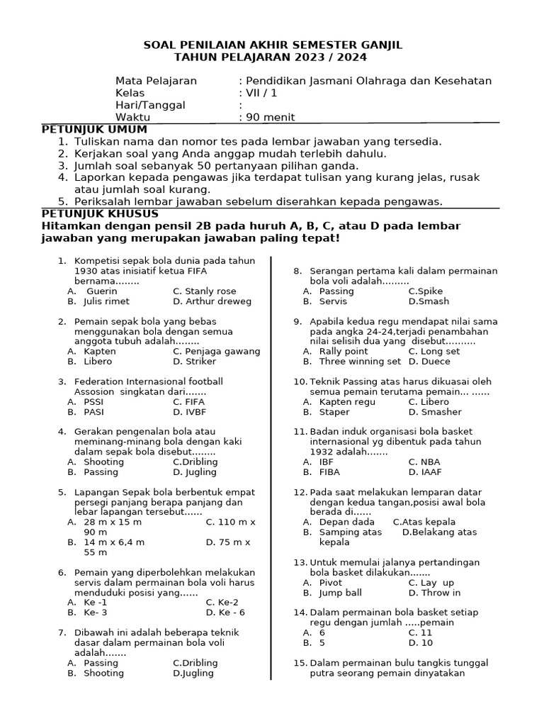 Soal PAS PJOK Kelas 7 - Pak Dani | PDF