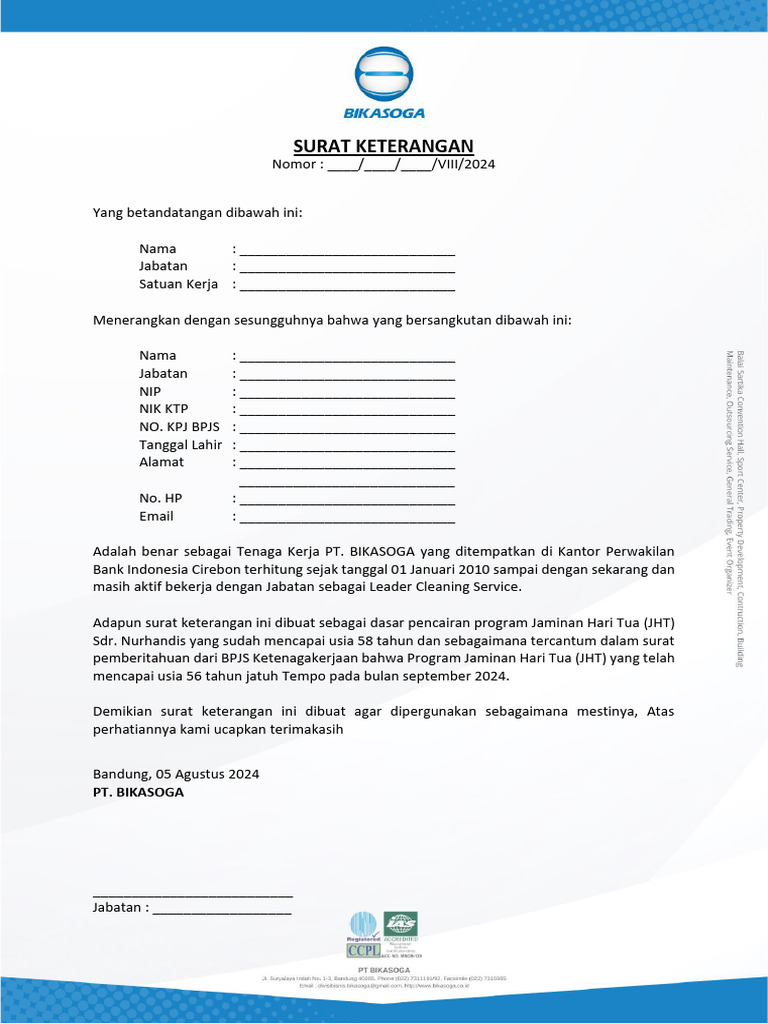 Contoh Surat Keterangan Kerja | PDF