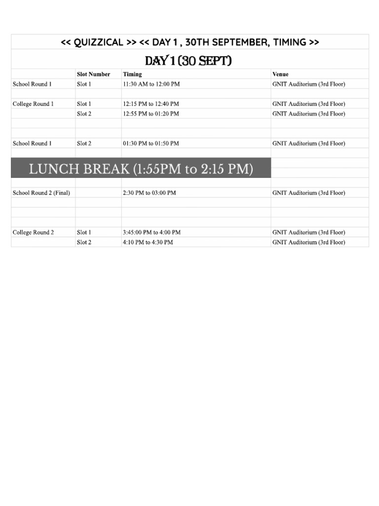 Quizzical Day 1 Schedule | PDF