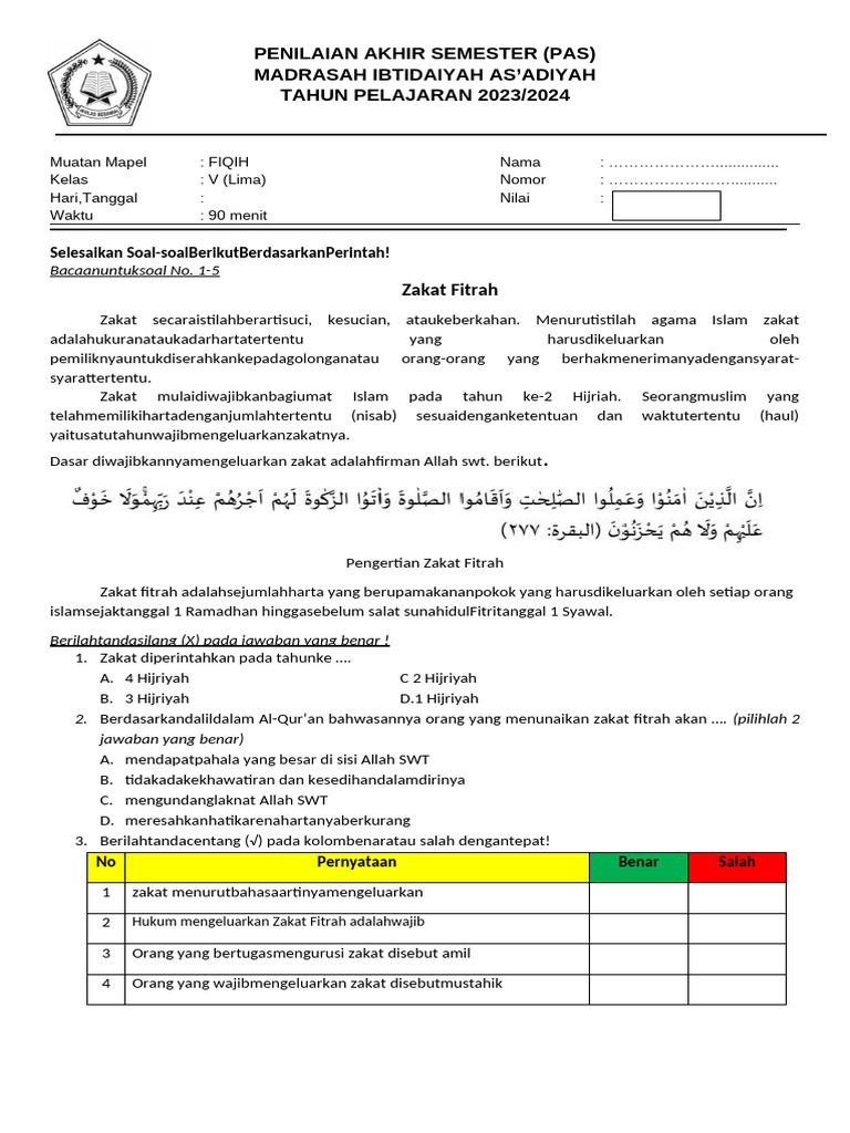 Bank Soal Ganjil 23 - Kls 5 - Fiqih | PDF