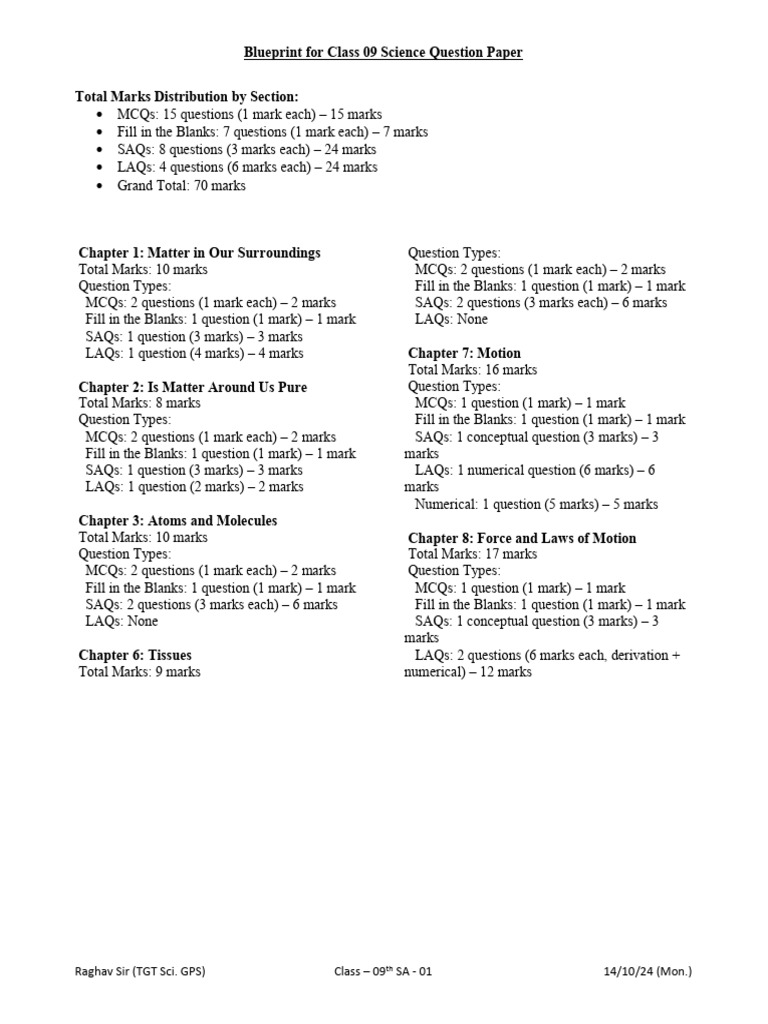 Class 09 Science SA - 01 Blueprint | PDF | Physical Sciences | Physical ...