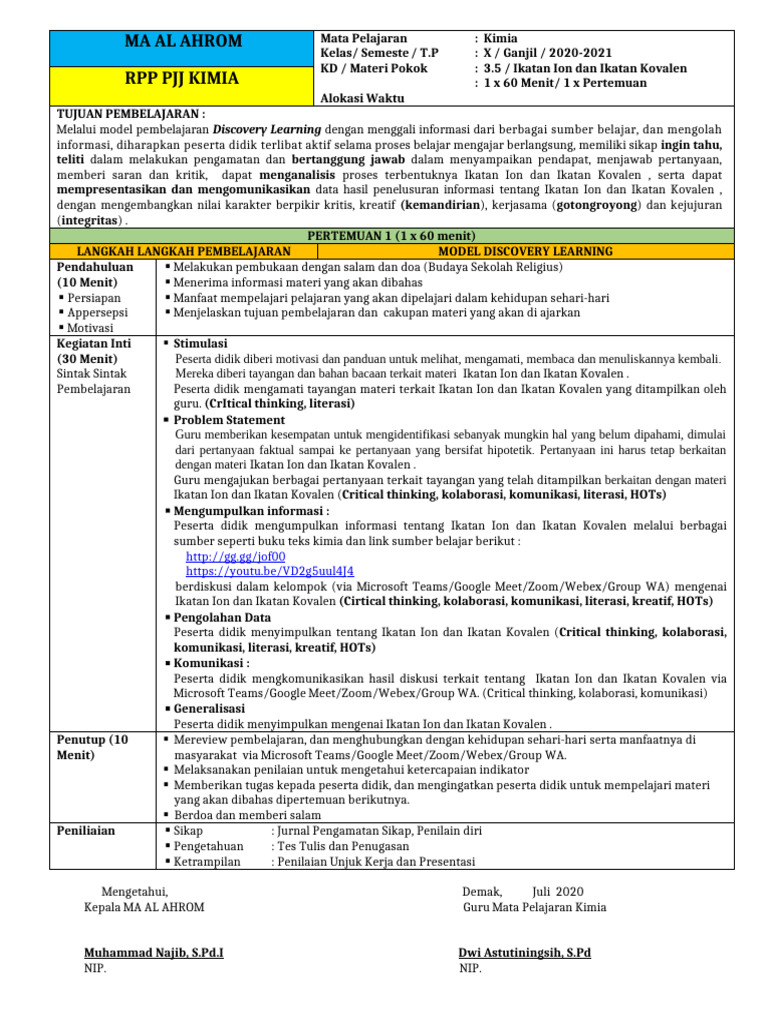 RPP PJJ Kimia KLS X - Ikatan Ion Dan Ikatan Kovalen | PDF