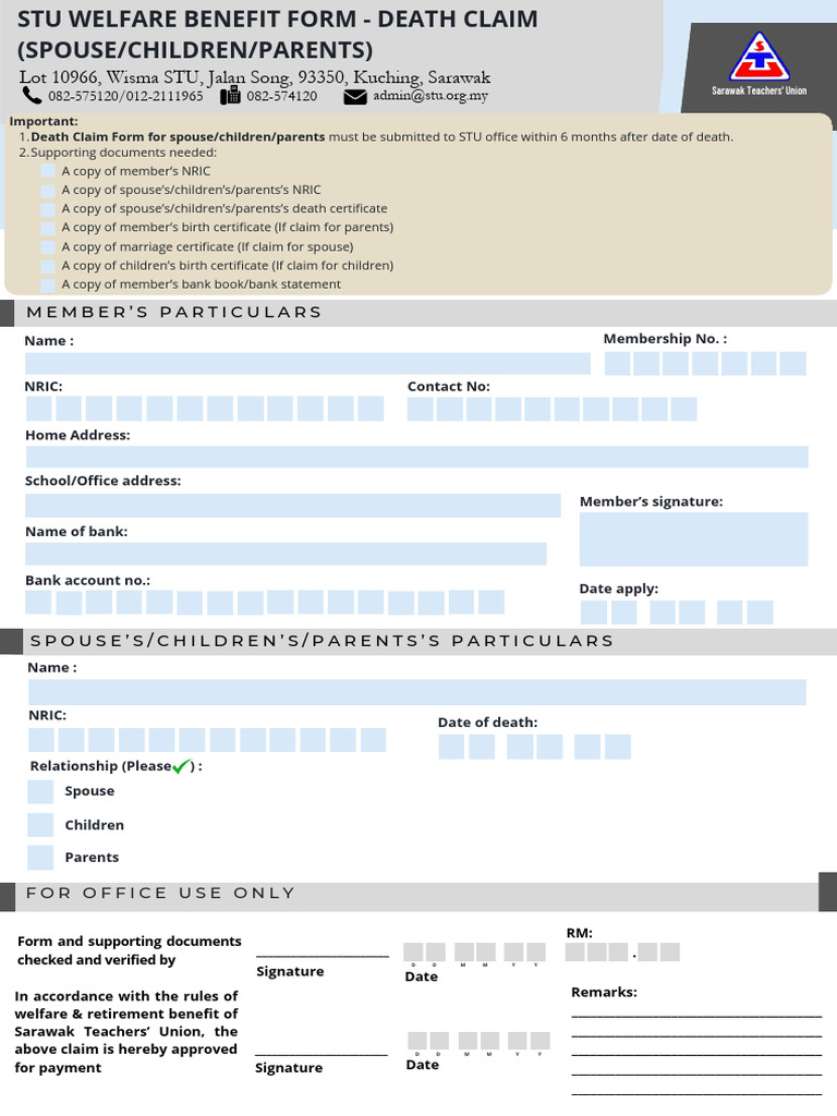 STU Welfare & Benefit Form (Death) Spouse, CHildren&Parents | PDF ...
