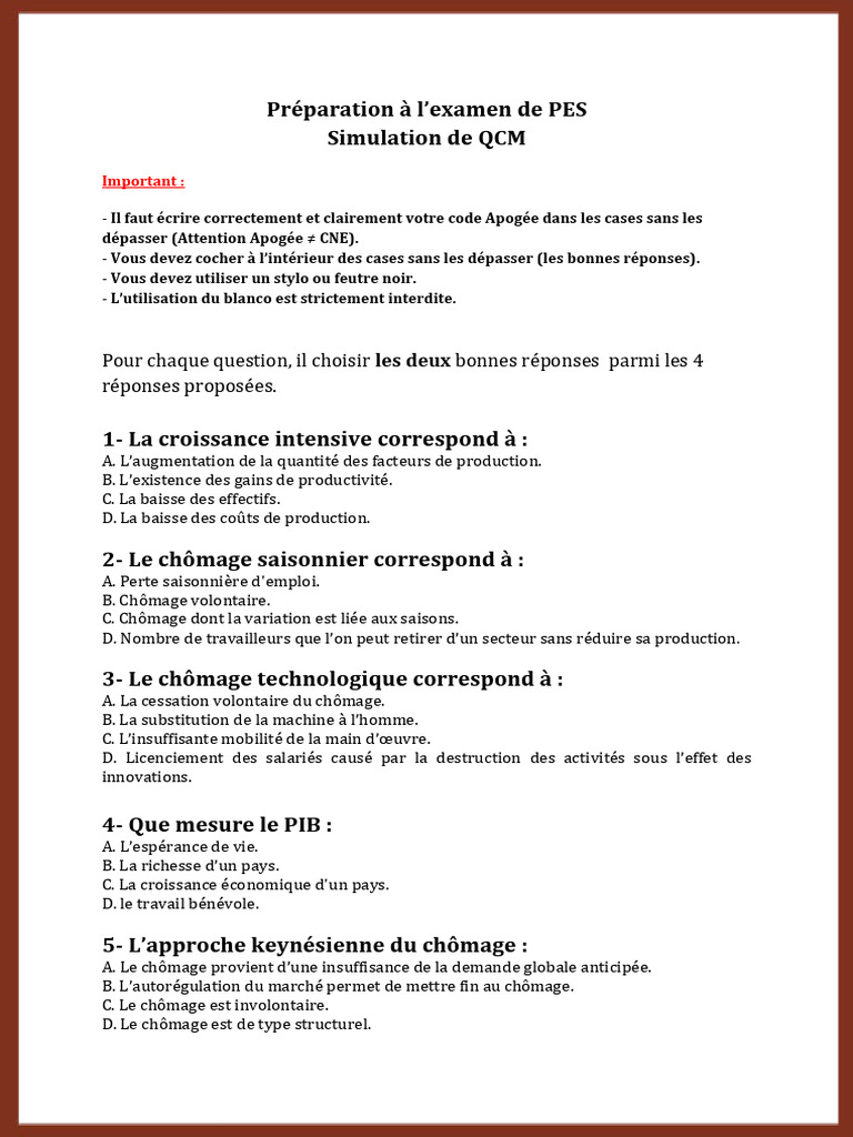 Simulation de QCM - Préparartion Examen PES | PDF