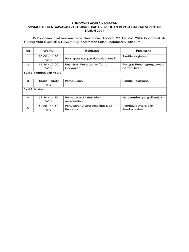 Rundown Acara Kegiatan Sosialisasi | PDF