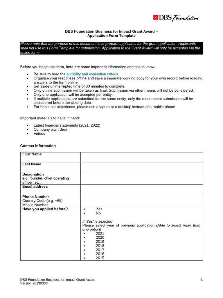DBSF Grant Application Form-En-2023 | PDF