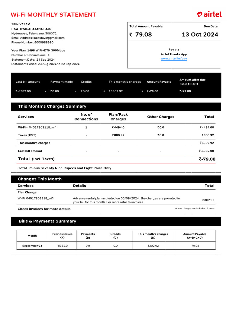 Wi-Fi Monthly Statement: This Month's Charges Summary | PDF