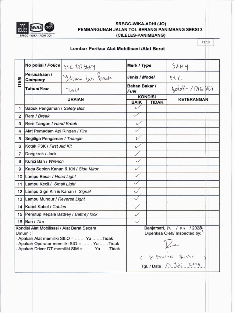 Inspeksi Alat Berat WBI 13 Juli 2024 | PDF