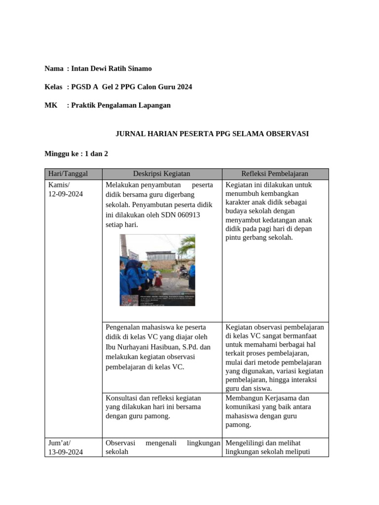 Jurnal Harian - Observasi PPL 1 Intan | PDF