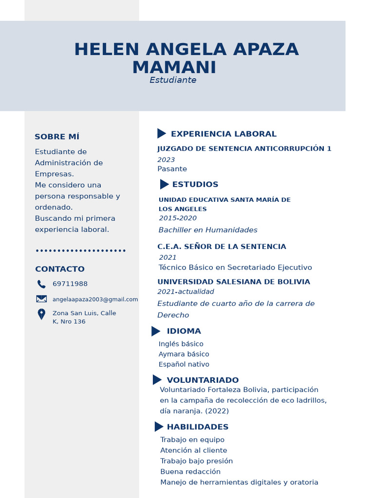 Mamani Helen Angela Apaza: Estudiante | PDF