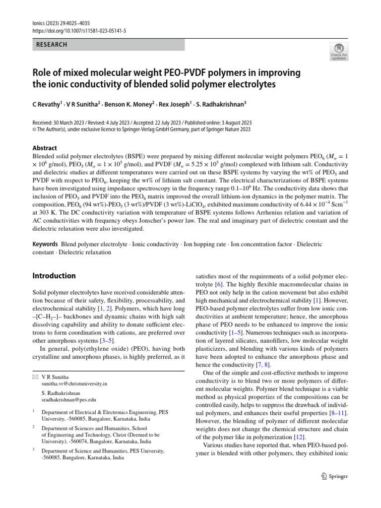 Role of Mixed Molecular Weight PEO PVDF Polymers in Improving The Ionic ...