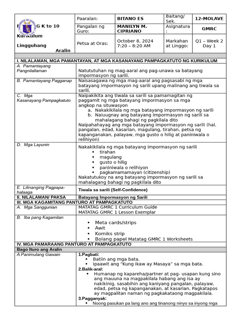 GMRC DLP Q1 Week 1 Day 2 Oct 8 2024 | PDF | Wellness | Self-Improvement