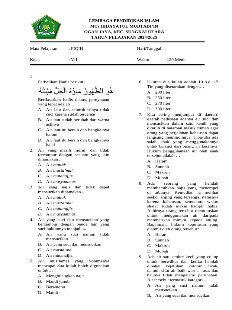 Soal Fiqih Kelas 7 MTS Ogan Jaya | PDF