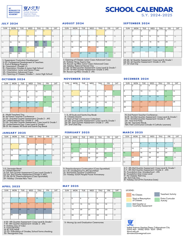 Sbma School Calendar Sy 2024-2025 | PDF
