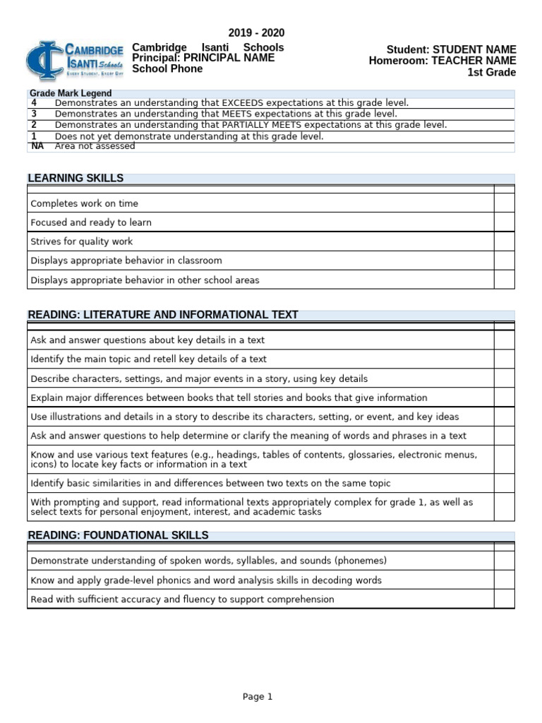 1st Grade Report Card | PDF